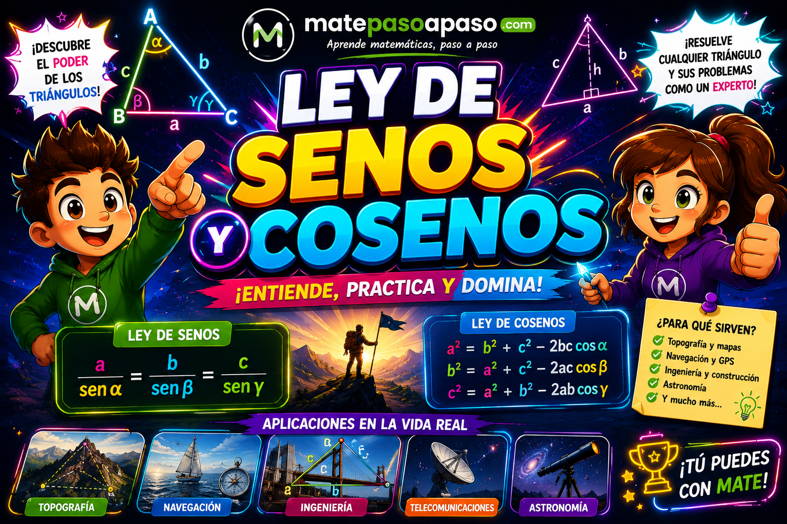 Ley de Senos y ley de Cosenos: Guía con 10 ejemplos resueltos paso a paso